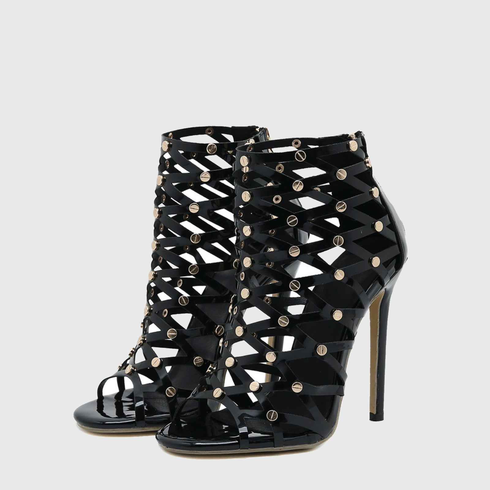 Rossella Laser Cut Rivet Cage Ankle Boots In Black