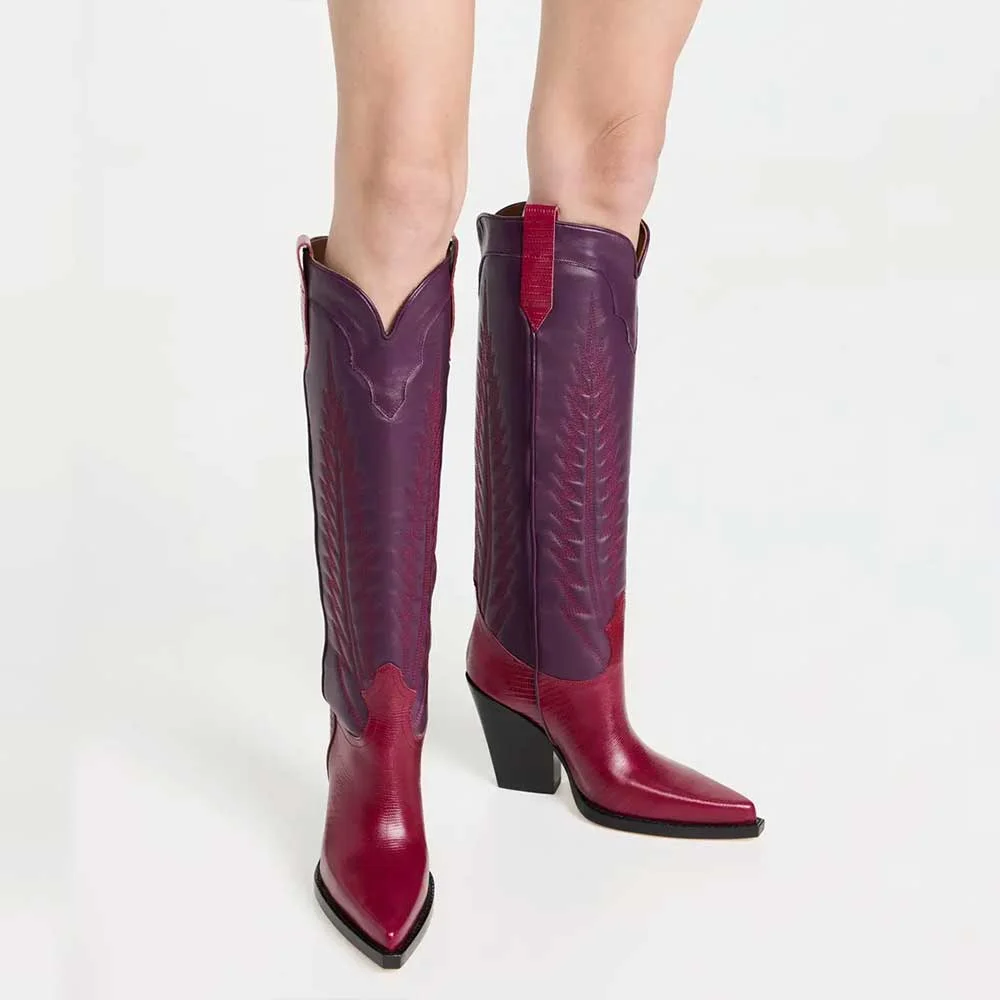 Purple & Maroon Croco Embossed Knee Cowgirl Boots with Embroidery