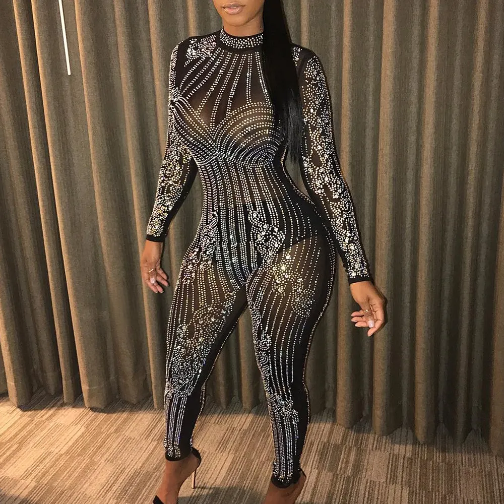 Uveng See Through Black Mesh Rhinestone Jumpsuit Women Body Birthday