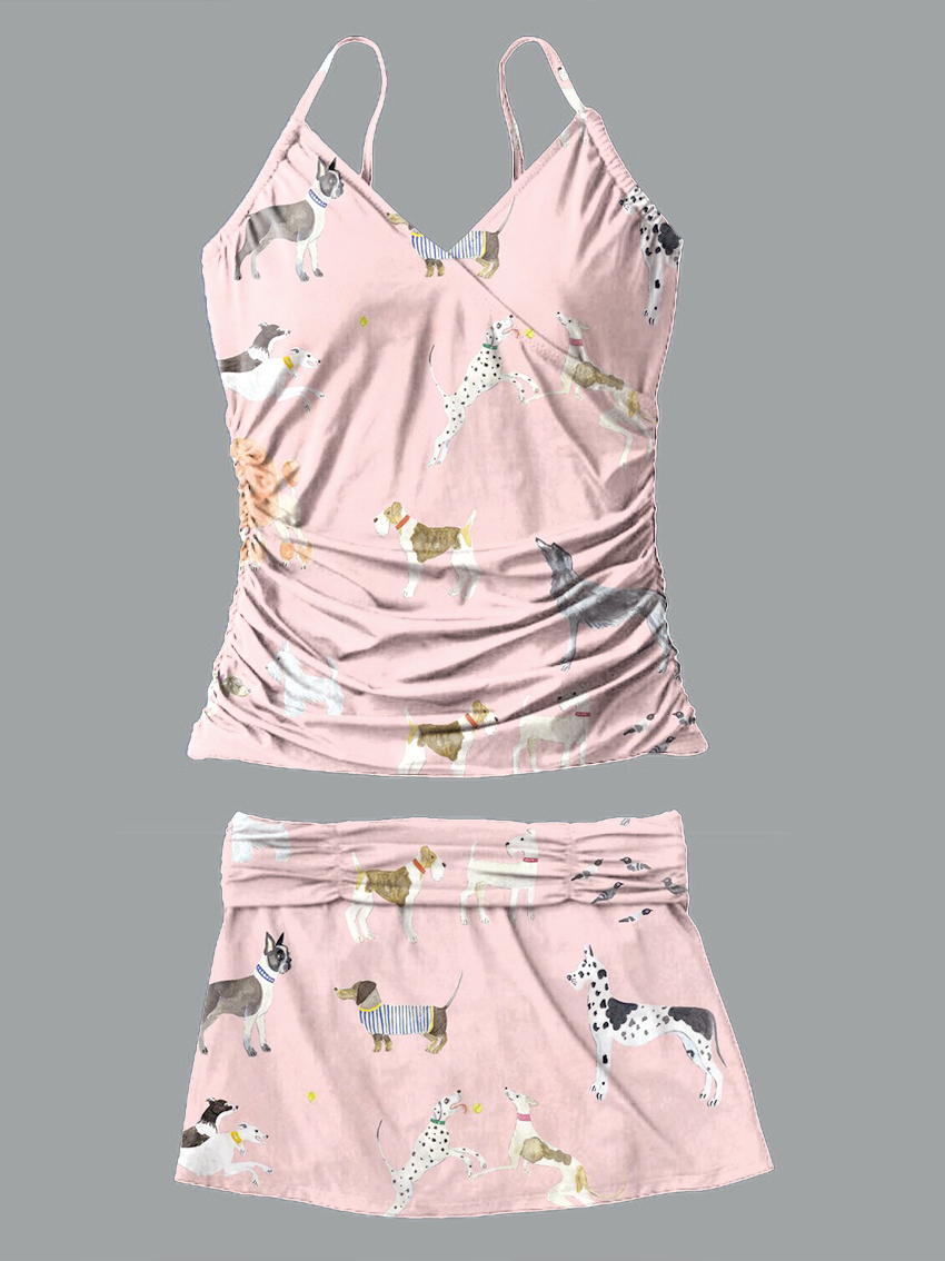 V-Neck Cartoon Aesthetic Dogs Ripple Print Suspender Skirt Tankini ...