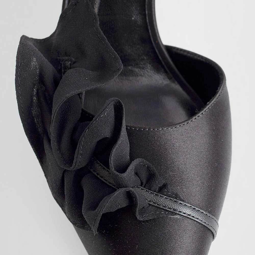 Black Satin Pointed Toe Ruffled Slingback Strappy Pumps With Stiletto Heels