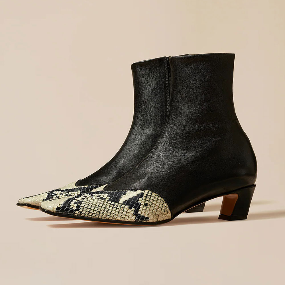 Black Faux Python Square Toe Chunky Heel Ankle Boots with Side Zipper