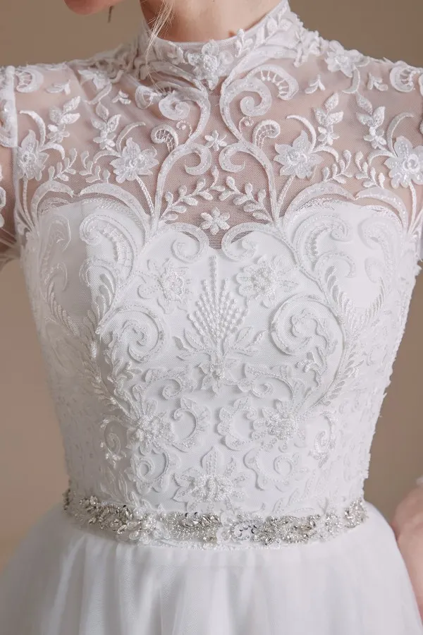 Modest A Line High Neck Long Sleeves Wedding Dress With Tulle Lace 7037