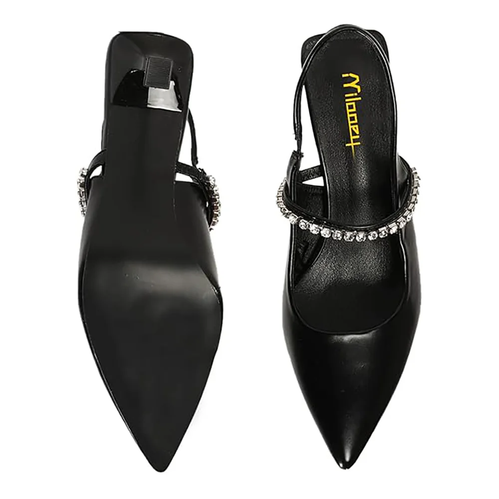 Black Pointed Toe Spool Heel Slingback Pumps with Rhinestone Strap