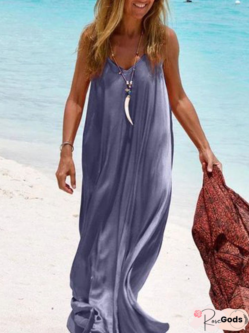 Solid V-neck Sleeveless Casual Sling Maxi Dress