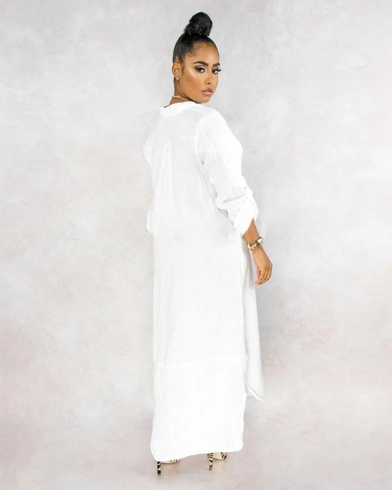 Solid Color Buttons Down Side Slit Shirts Maxi Dresses