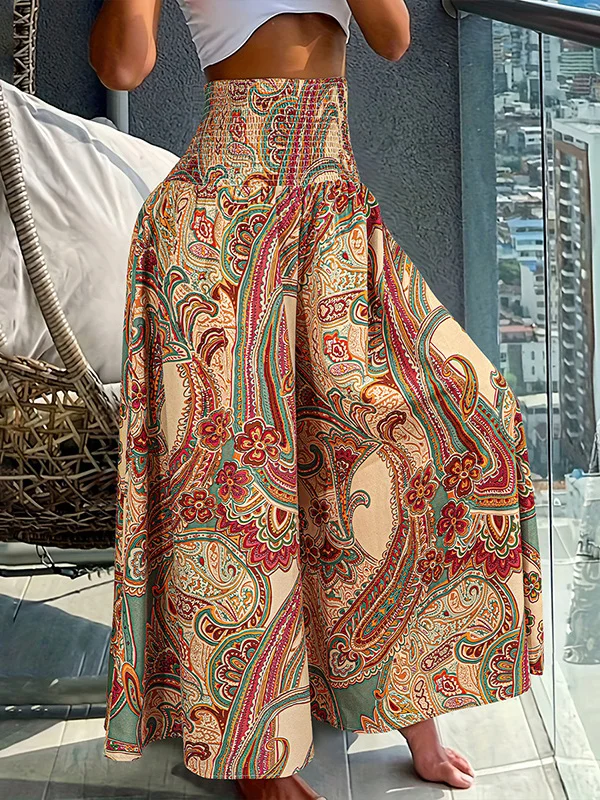 High Waisted Loose Elasticity Floral Printed Pleated Split-Joint Pants ...