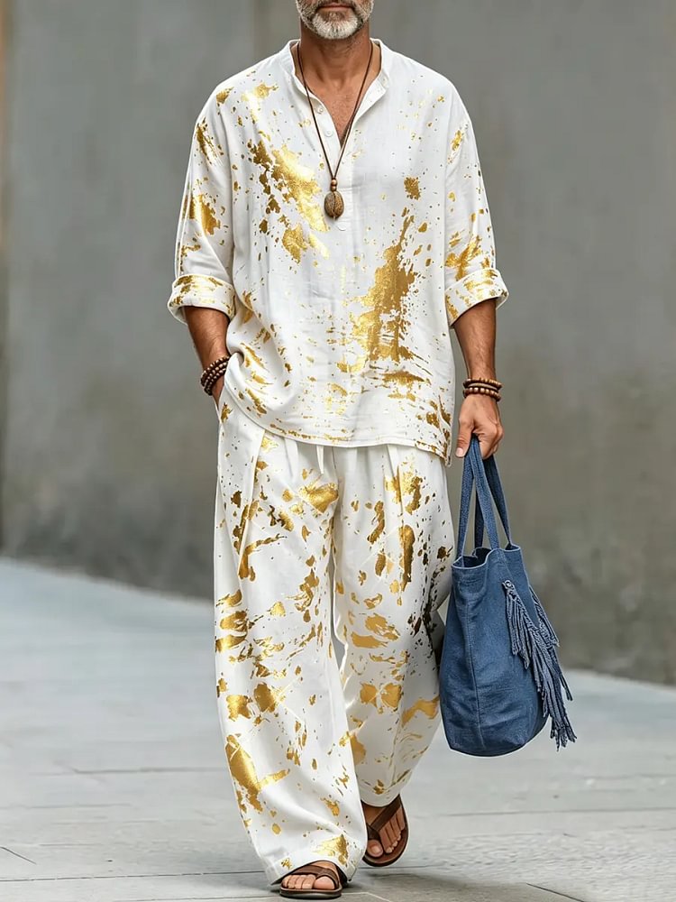 Men's Retro Abstract Print Casual Linen Top And Pants Two-piece Set