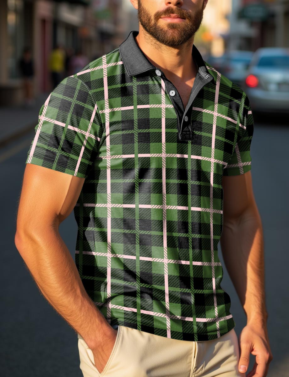 Green Plaid Decorative Pattern Polo Shirt