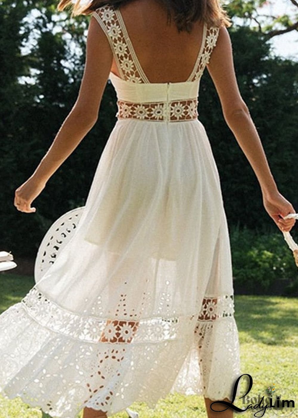 White Lace Backless Boho Maxi Dress Brynlee - Ladylim