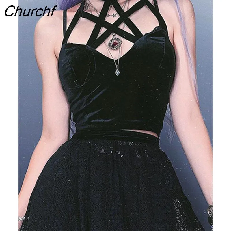 Churchf Goth Pentagram Black Camis Vintage Velvet Sexy Corset Tops ...