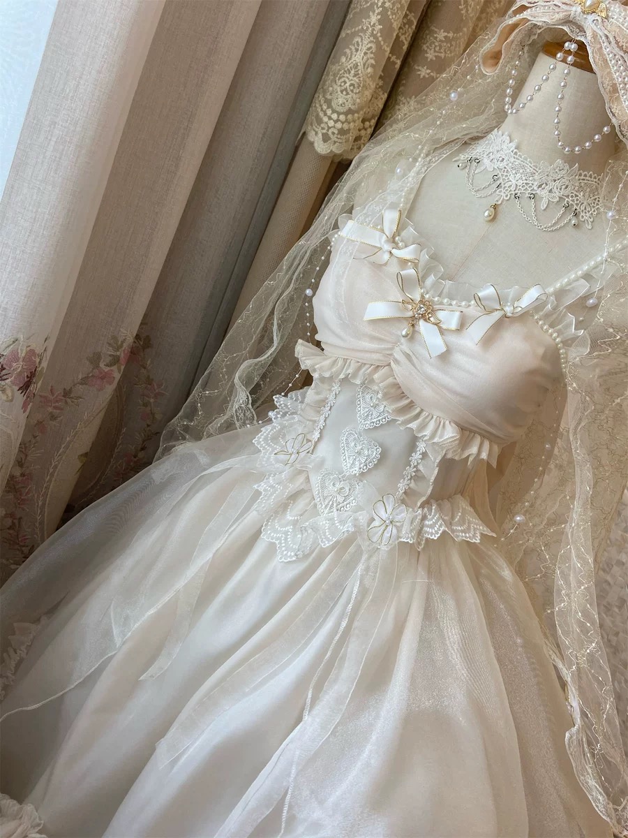 White Lace Princess Dress Lolita Outfit Wedding Dress Bow Long Dress ...
