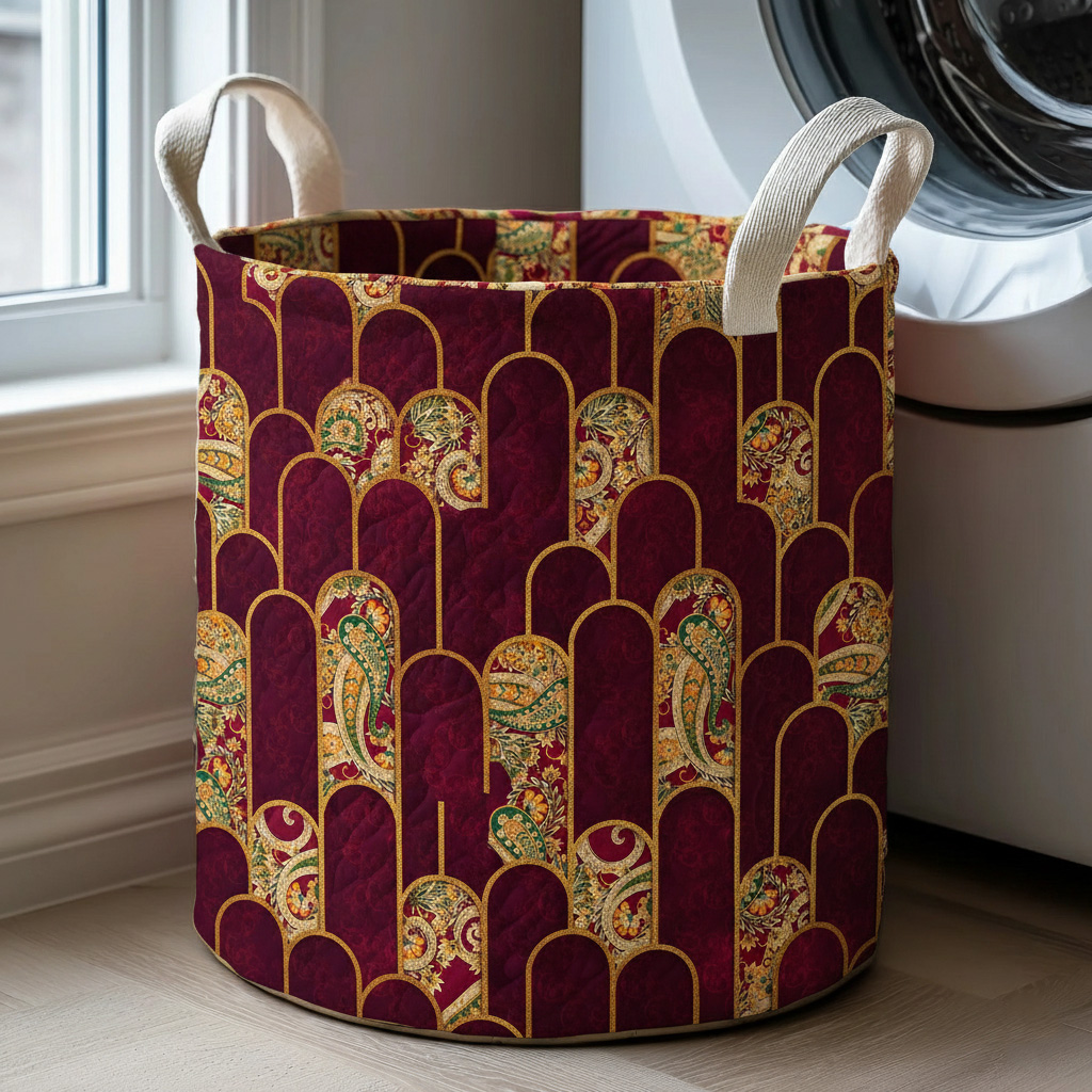 Art Deco Quilted Canvas Hamper with Arch Pattern Burgundy