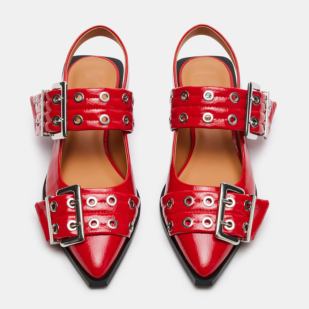 Red Patent Leather Pointed Toe Shoes Slingback Buckle Flats