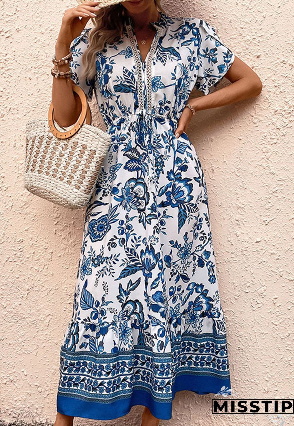 Breezy Print Laced Neck Dress - MissTip