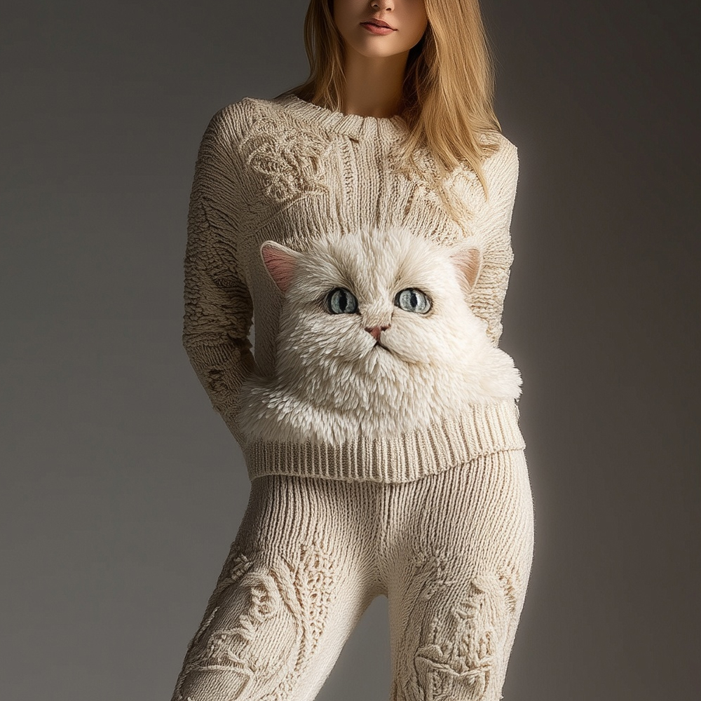 Cute Fuzzy Cat Face Embroidered Cozy Knit Sweater 34.99