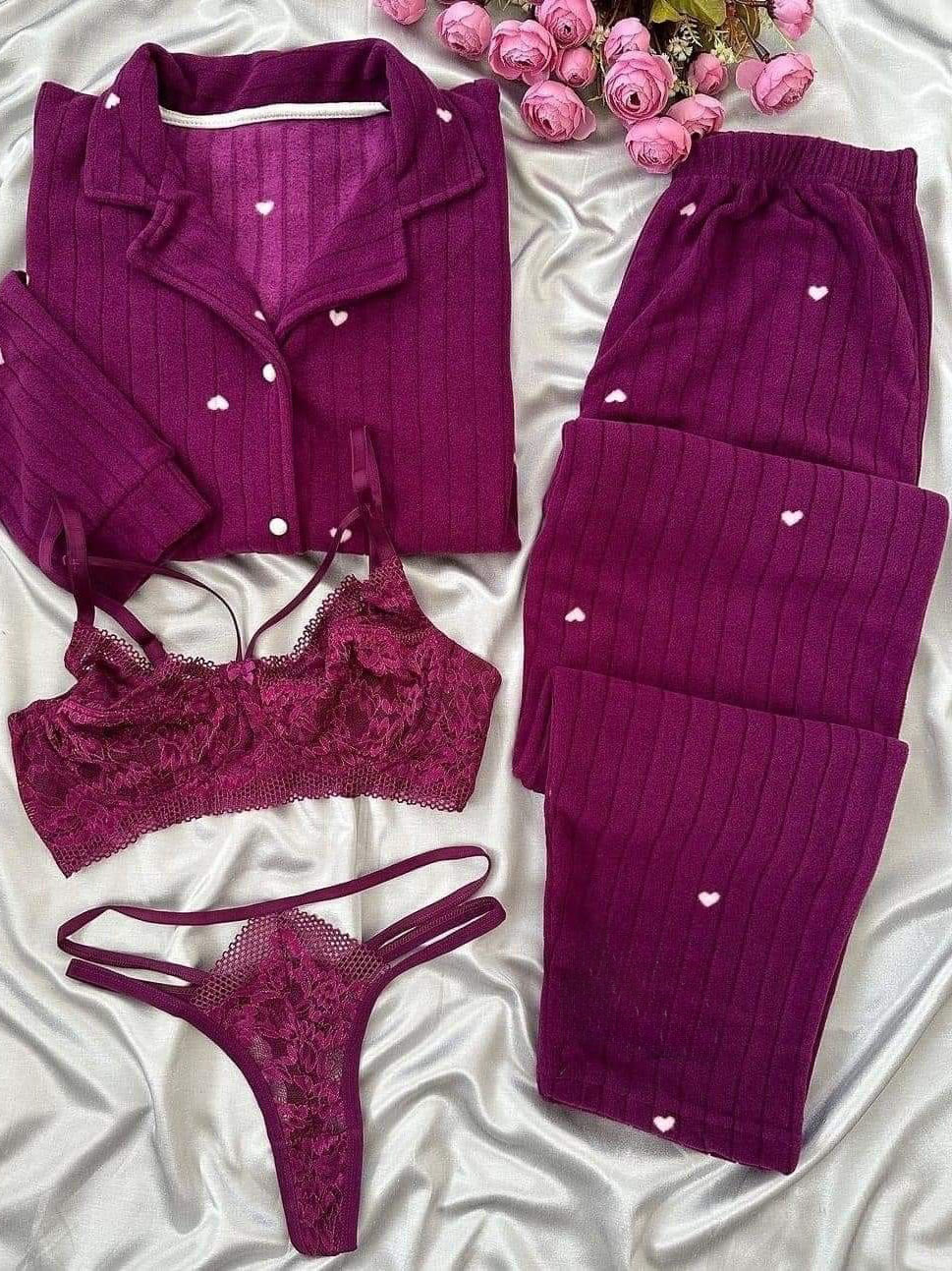 Bold Purple Night Suit & Bra Penty Set Combo