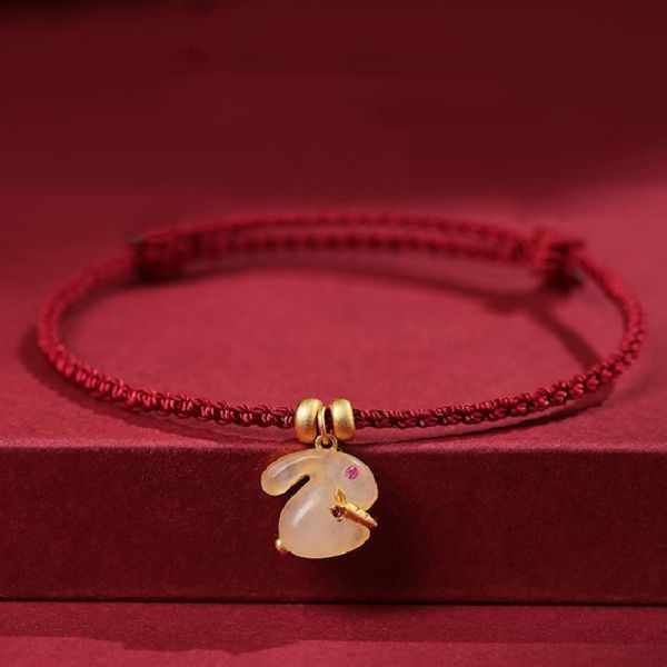 Sterling Silver Auspicious Rabbit Transit Red Rope Braided Bracelet