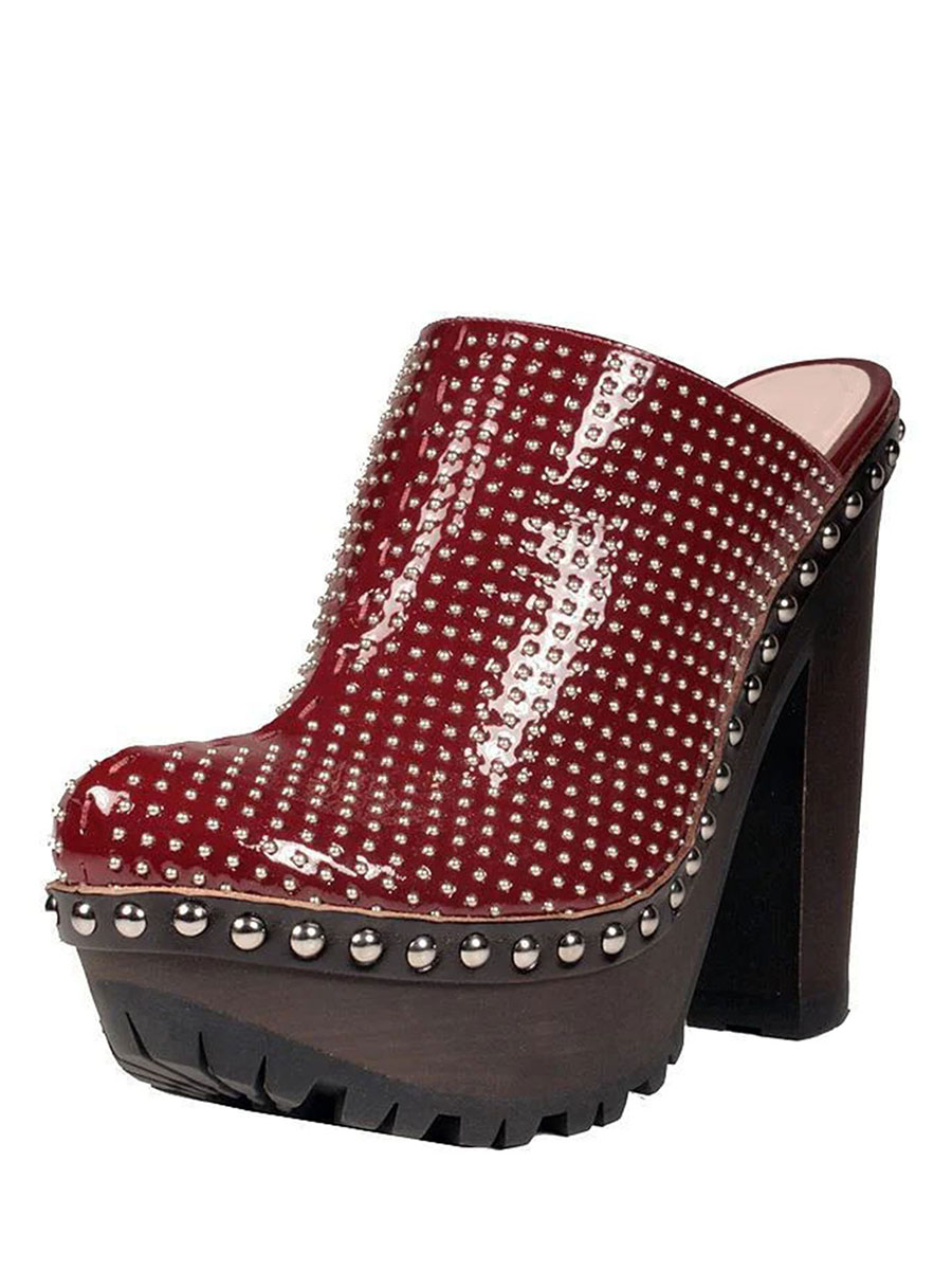 Maroon Platform 6 Inch Heel Lug Sole Multi Studs Women Mules Shoes