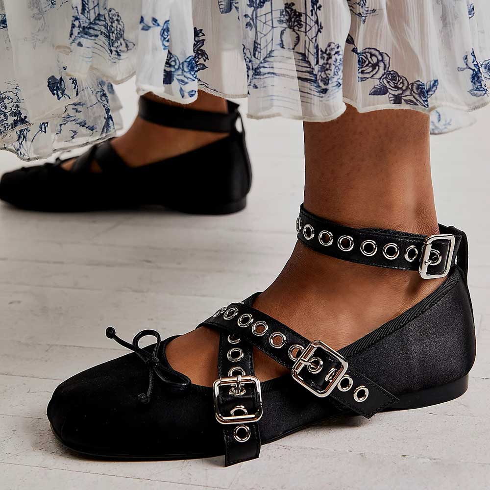 Black Square Toe Satin Ballet Flats with Criss-Cross Buckle Straps