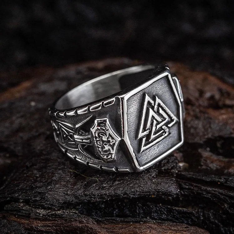 Men's Viking Valknut And Mjolnir Pattern Ring