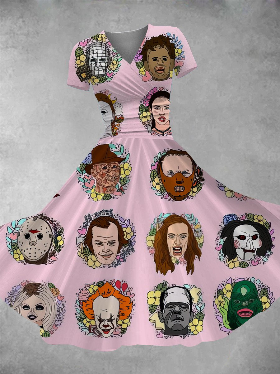 Women's Vintage Halloween Horror Movie Print Maxi Dress