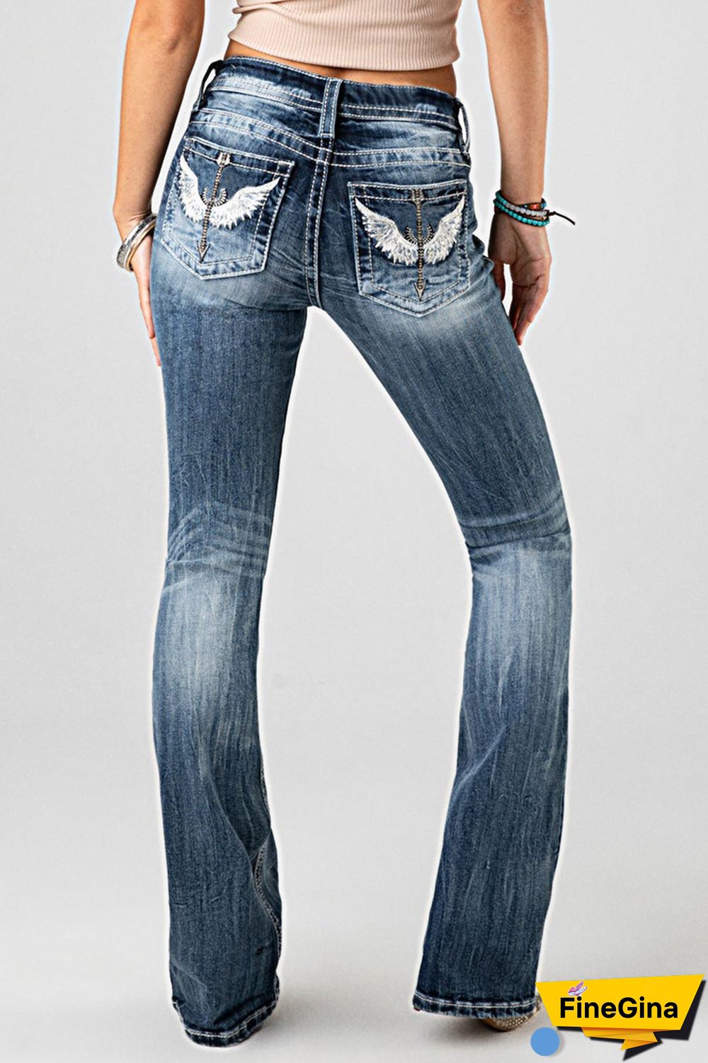 FineGina Wings Embroidered Pocket Detail Mid Rise Bootcut Jeans