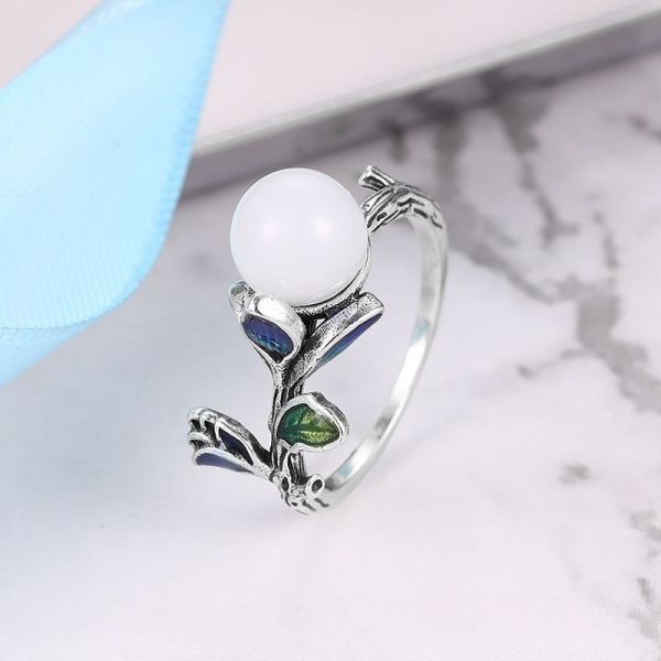 Sterling Silver Cloisonné Lotus White Jade Ring