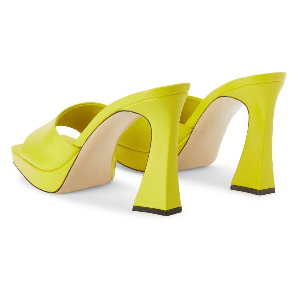 Chartreuse Vegan Leather Opened Square Toe Platform Flared Heeled Mules