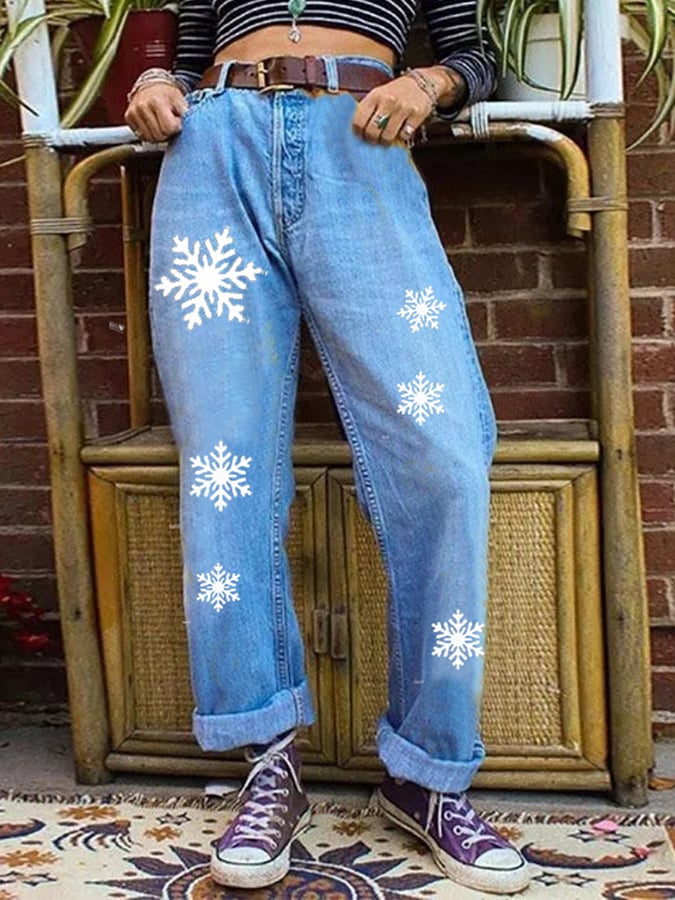 ChristmasSnowflakes Print Wide Leg Jeans