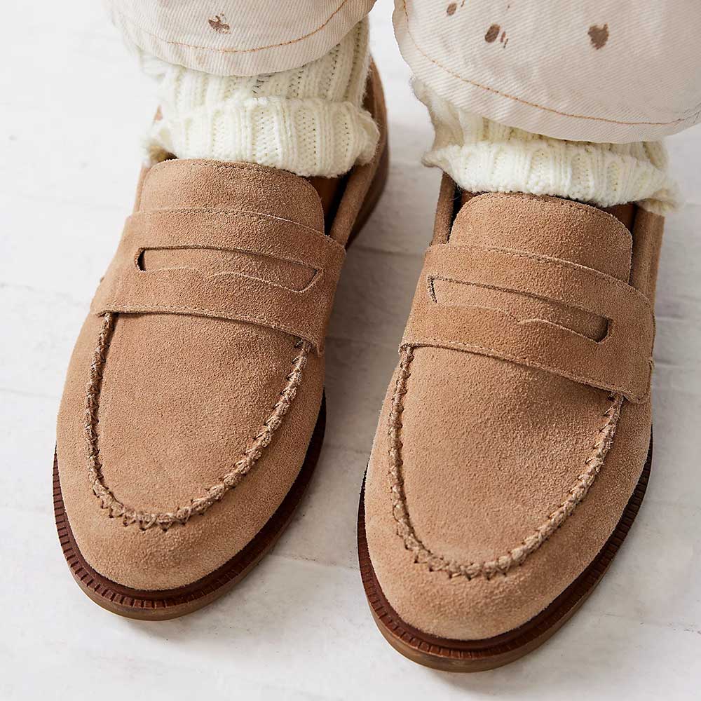 Beige Faux Suede Closed Round Toe Loafers With Low Chunky Heels