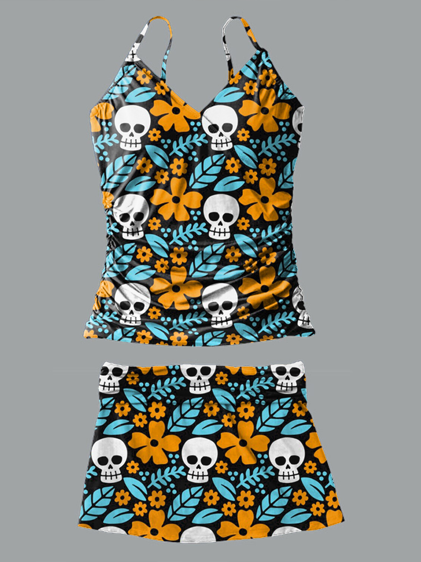 V-Neck Retro Skull Floral Art Print Suspender Skirt Tankini Pantskirt ...