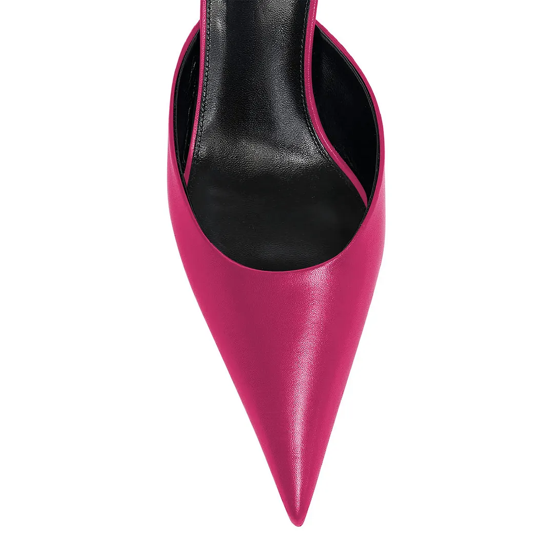 Hot Pink Slip-On Pointed Toe Mules for Women with Kitten Heel