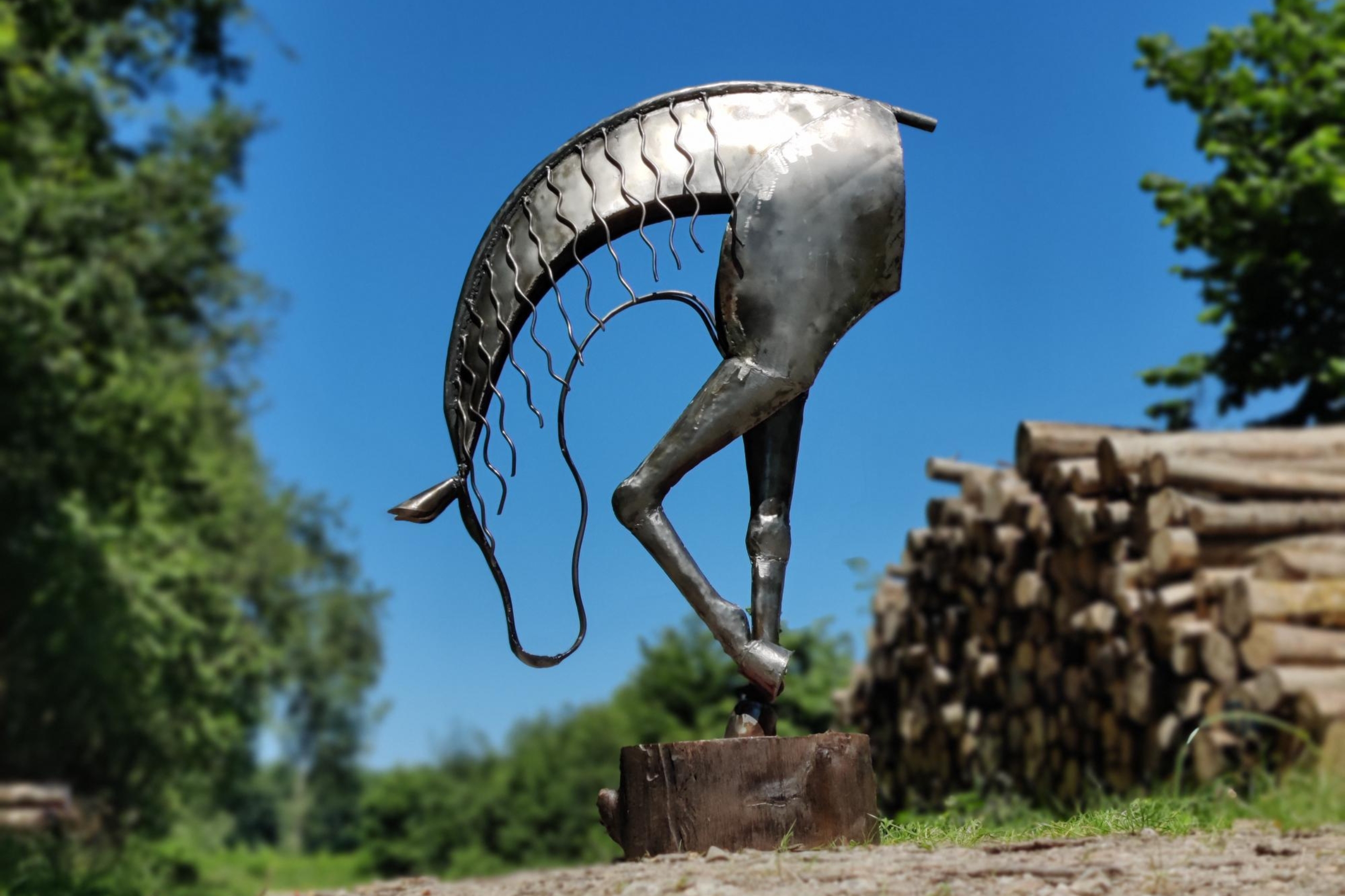 Junk Art Modern Metal Horse Eating Statue