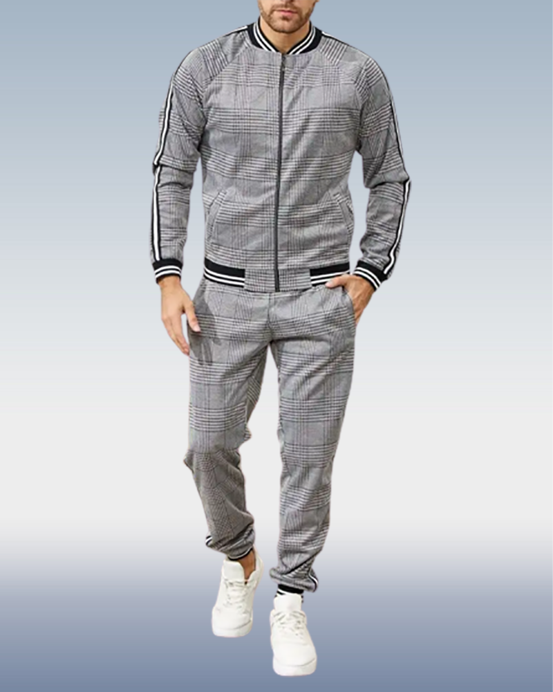 Men's Grey Plaid Tracksuit Full Set -00038