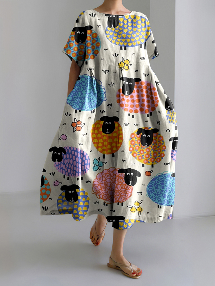 Vintage Farm Sheep Pattern Linen Blend Dress