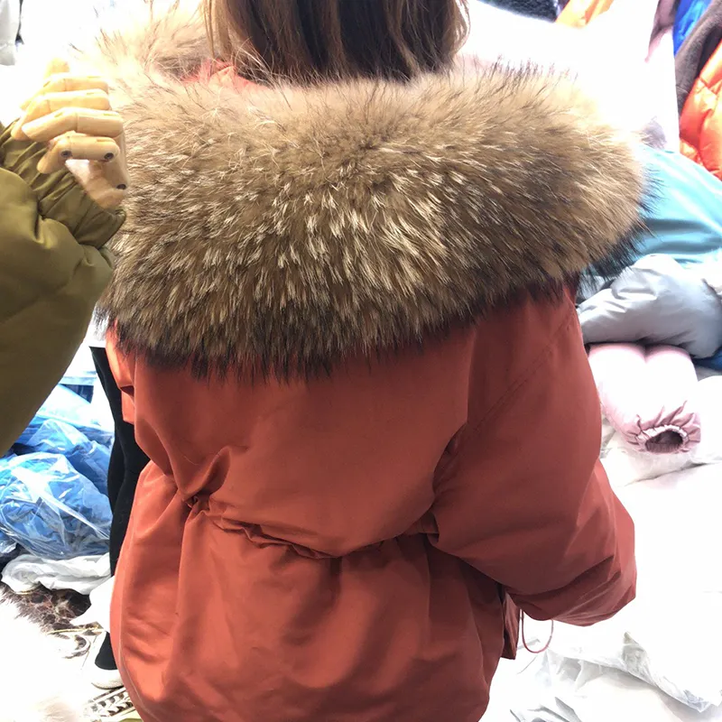 Woherb Huge Raccoon Fur Collar Hooded 2021 Short Female Winter Feather ...