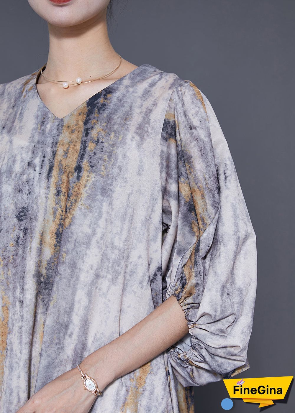 FineGina Plus Size Colorblock V Neck Tie Dye Silk Dress Lantern Sleeve