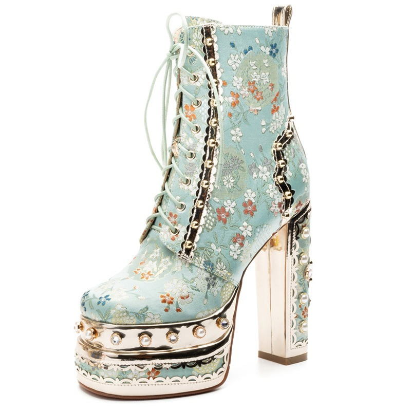 Fashion Light Blue Silk Lace Up Platform Chunky Heel Ankle Boots