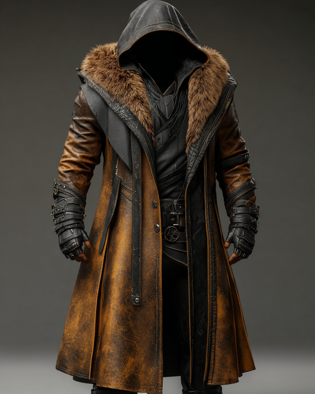 MEN'S WINTER FASHION CONTRAST COLOR FUR COLLAR LEATHER COAT4476
