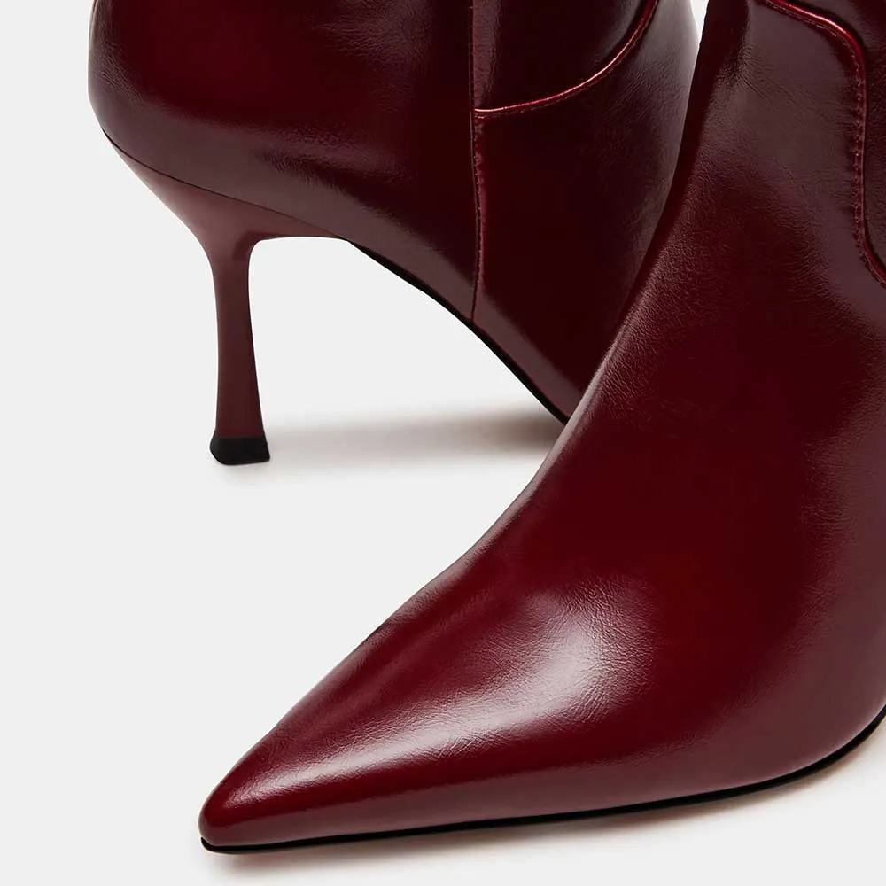 Maroon Buckle Strap Pointed Toe Stiletto Heel Zipper Thigh High Boots