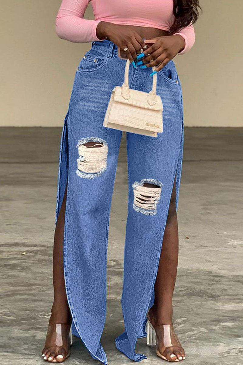 Sexy Street Solid Ripped Split Joint Slit High Waist Denim Jeans
