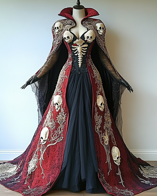 Halloween Themed Irregular Embroidery Lace Patchwork Hooded Dress 4865