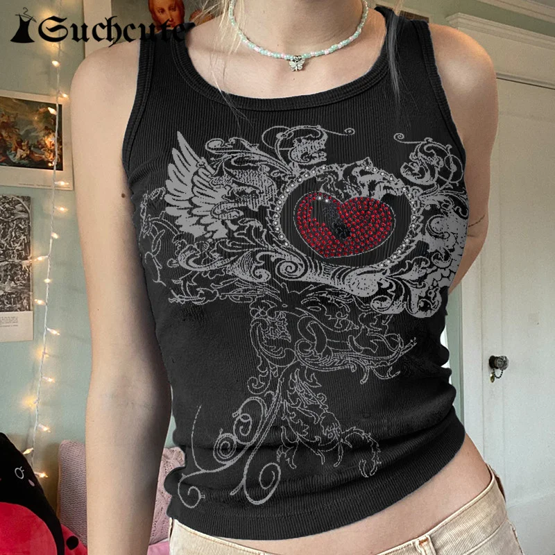 Churchf Women Sleeveless Grunge Tank Top Goth Rhinestone Heart Print ...