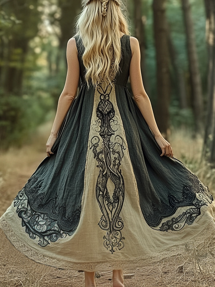 Womens Viking Celtic Knot Rune Art Linen Sleeveless Dress