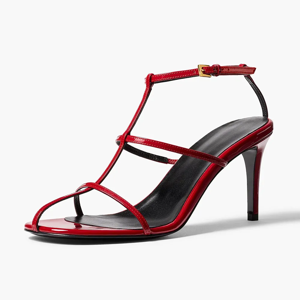 Red Patent Leather Round Toe Cage Strappy Sandals with Buckle