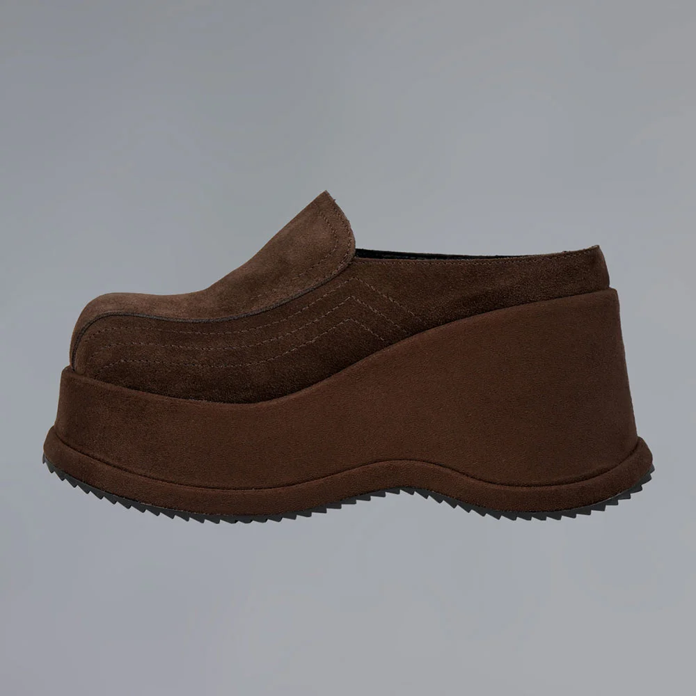 Women's Brown Closed Toe High Wedge Heel Slip On Platform Mules