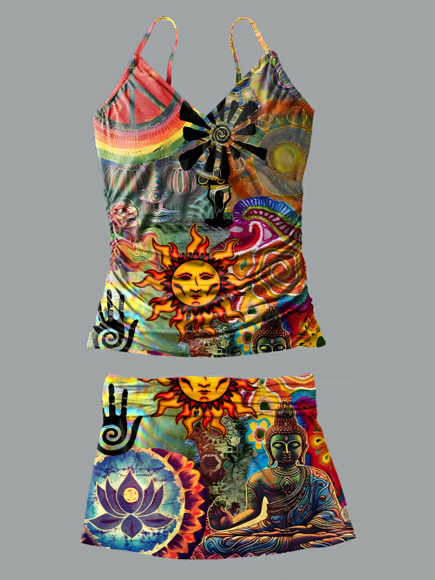 V-Neck Retro Multicolor Hippie Floral Print Suspender Skirt Tankini ...