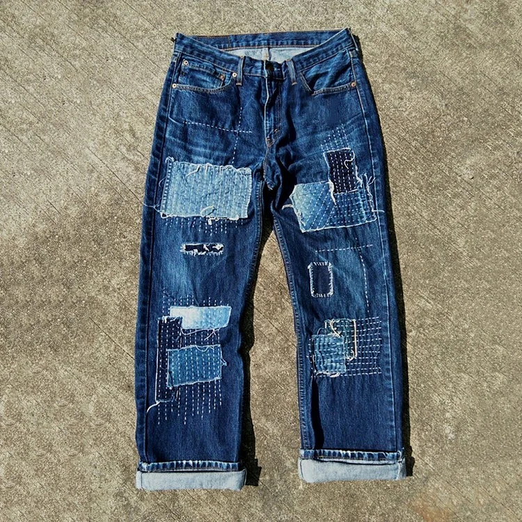 Japanese Style Sashiko Patchwork Design Jeans