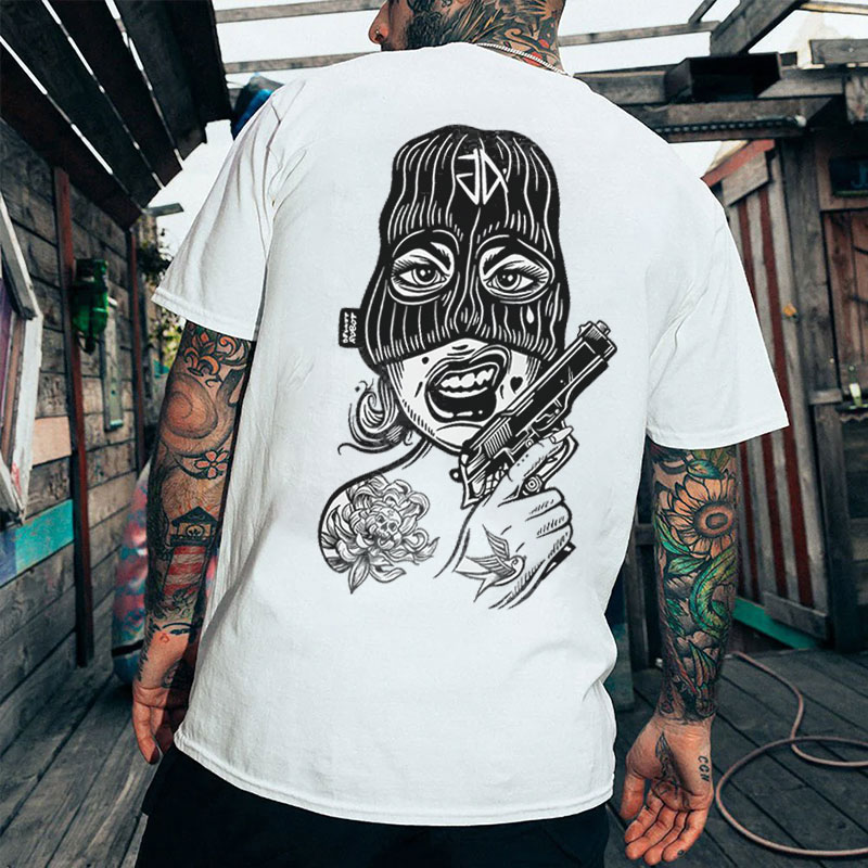 Shooter with Face Covered White Print T-shirt